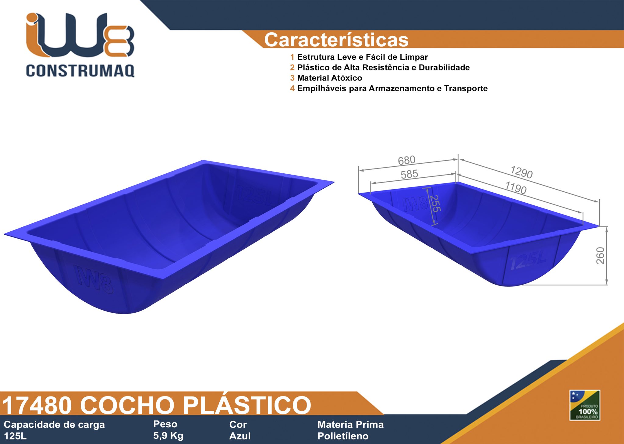 Cocho de Plástico 125 Litros - Masseira Plástica