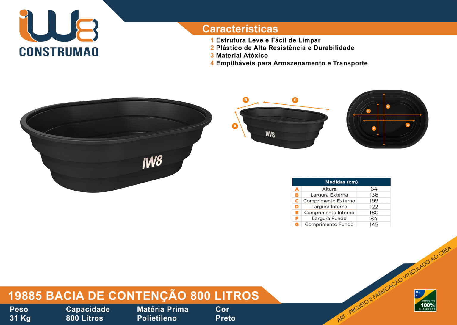 Bacia de Contenção 800 Litros Oval - Masseira Plástica